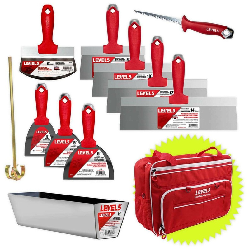 Level5 5-682 Joint & Taping Knives, Mixer, Jab Saw, Mud Pan + Free Bag ...