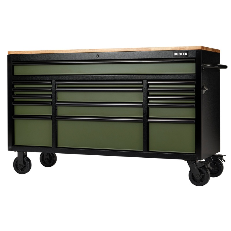 BUNKER 15 Drawer Workbench Roller Tool Cabinet, 61", Green - Industrial ...